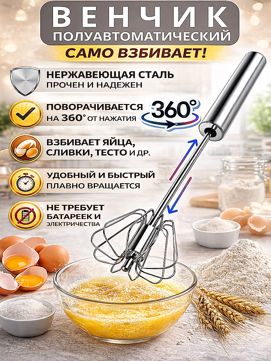 Венчик / Венчик вращающийся из нержавеющей стали / Венчик нажимной 30 см. / Ручной миксер / Вспениватель