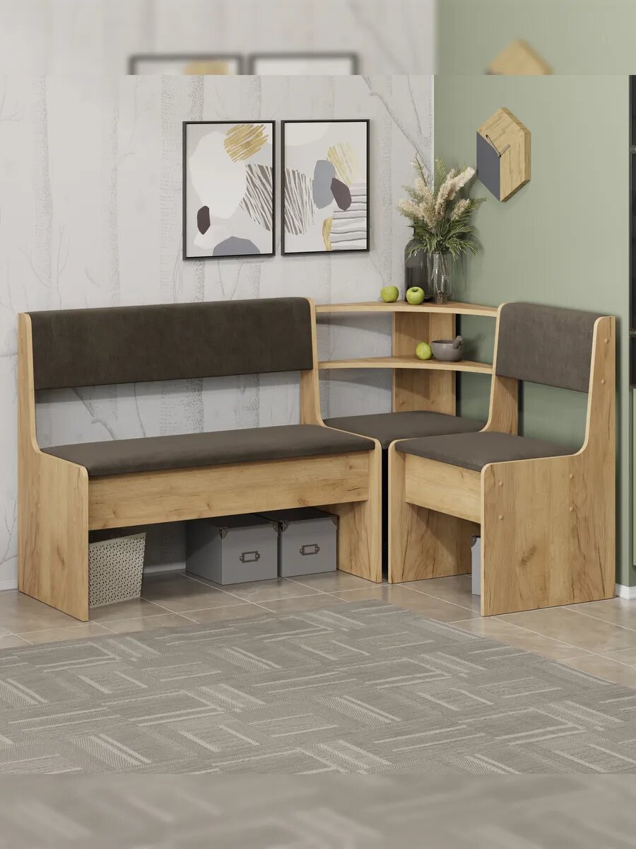 Скамья угловая Ларго, диван кухонный (Дуб Крафт золотой/Велюр коричневый)