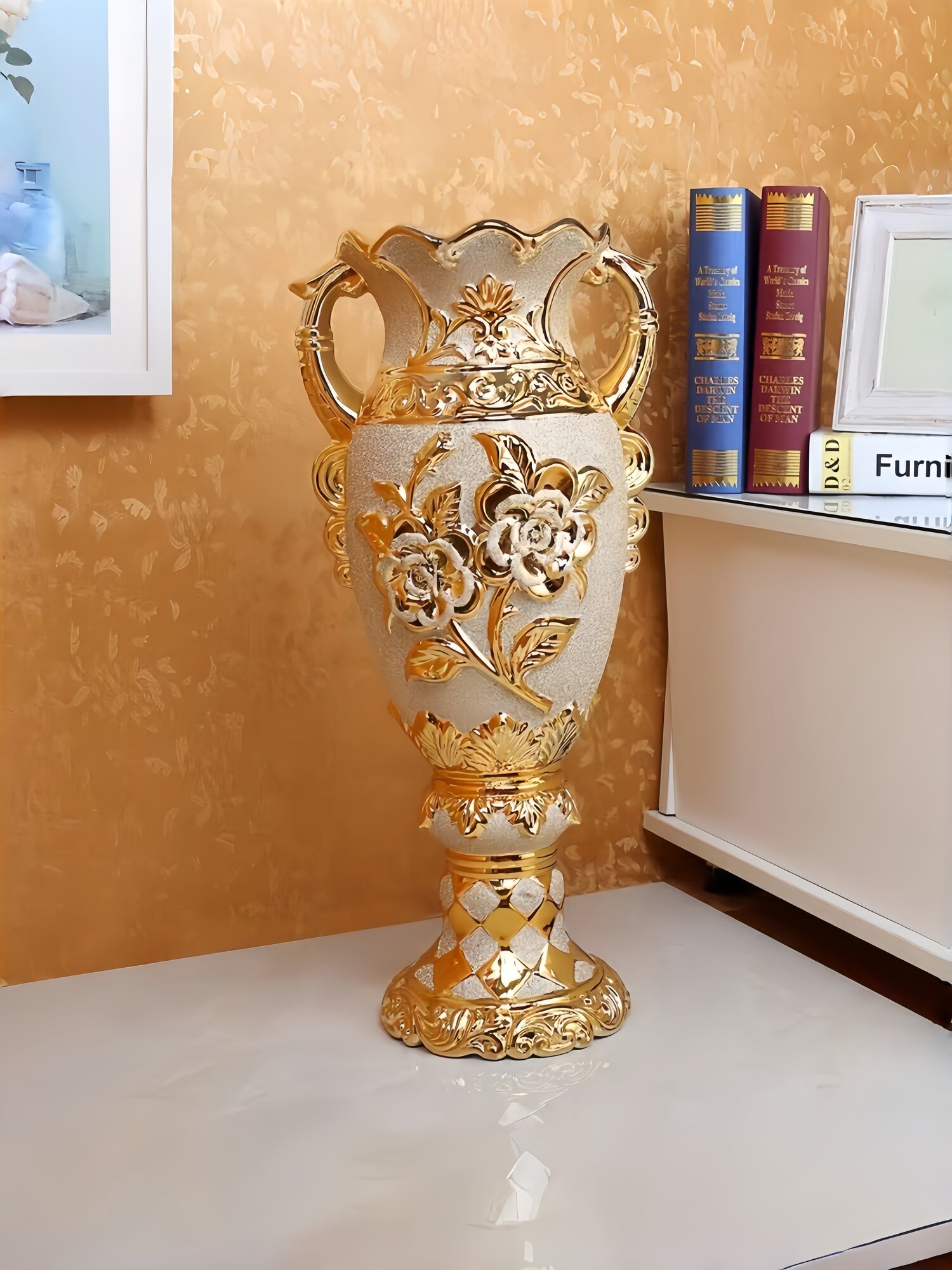 Ваза напольная, керамика, высота 60см, с ручками, золотистая