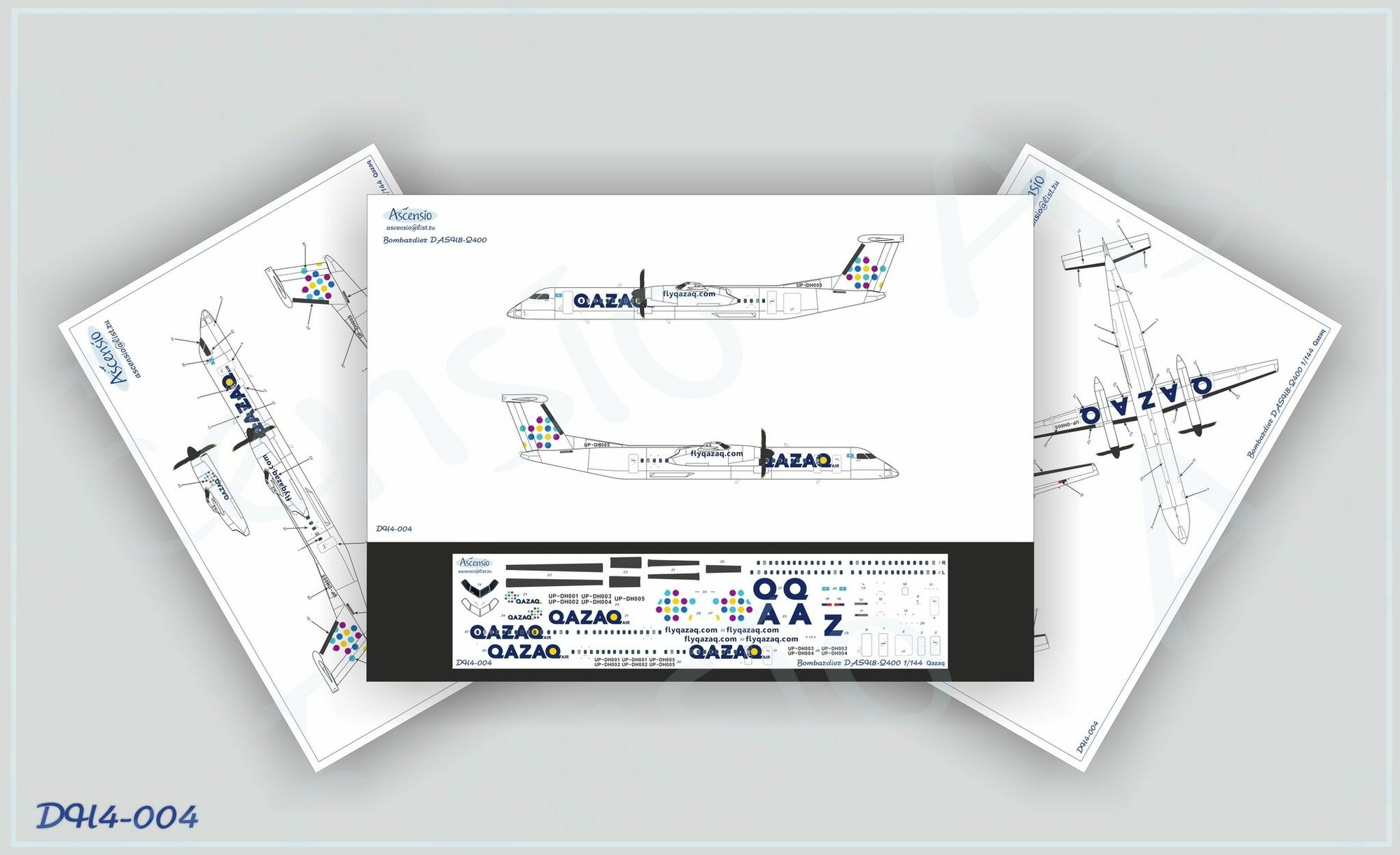 Декали самолета Dash8-Q400 Qazaq, масштаб 1/144