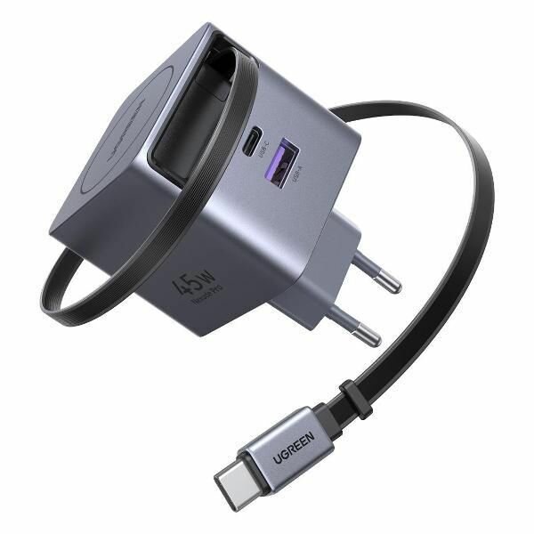Сетевое зарядное устройство uGreen X614 45W GaN USB-C&A w/Retract. Cable USB-C, серое