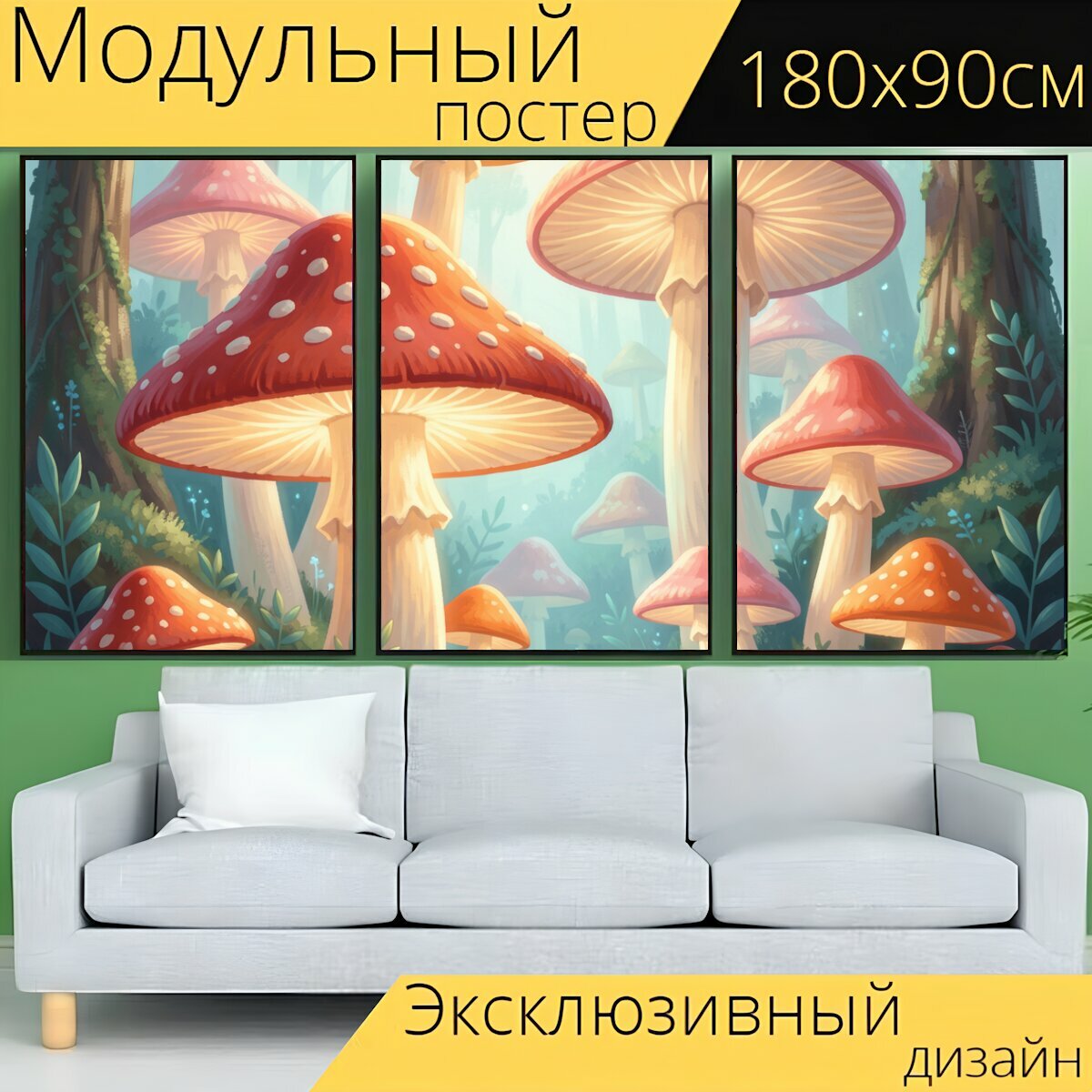 Модульный постер "Сказочный лес с огромными грибами. Волшебная лесная поляна с гигантскими шляпками грибов, мягким светом и туманной." 180 x 90 см. для интерьера на стену в тубусе