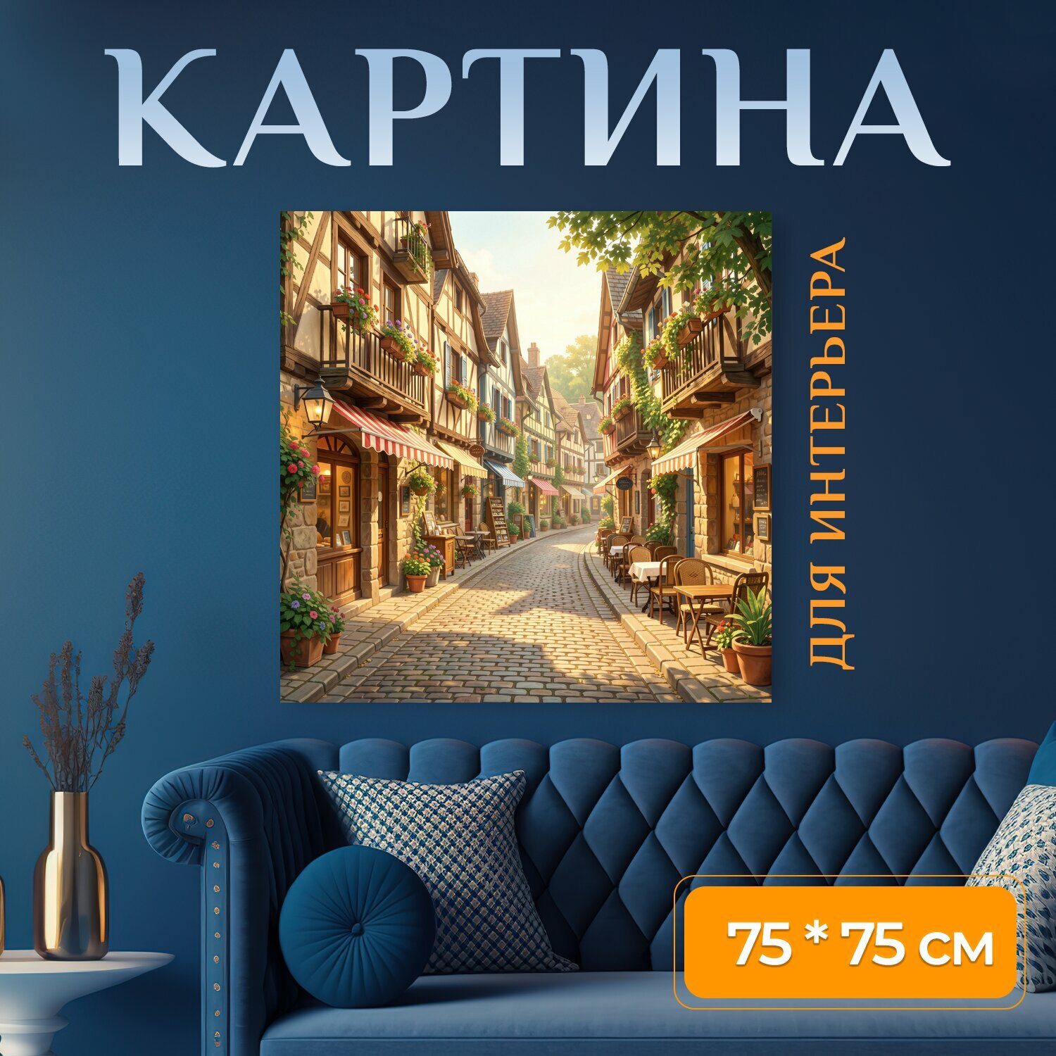Картина на холсте "Уютная европейская улочка с кафе. Старинная мощёная улица в европейском стиле с фахверковыми домами, цветочными балконами." на подрамнике 75х75 см. для интерьера