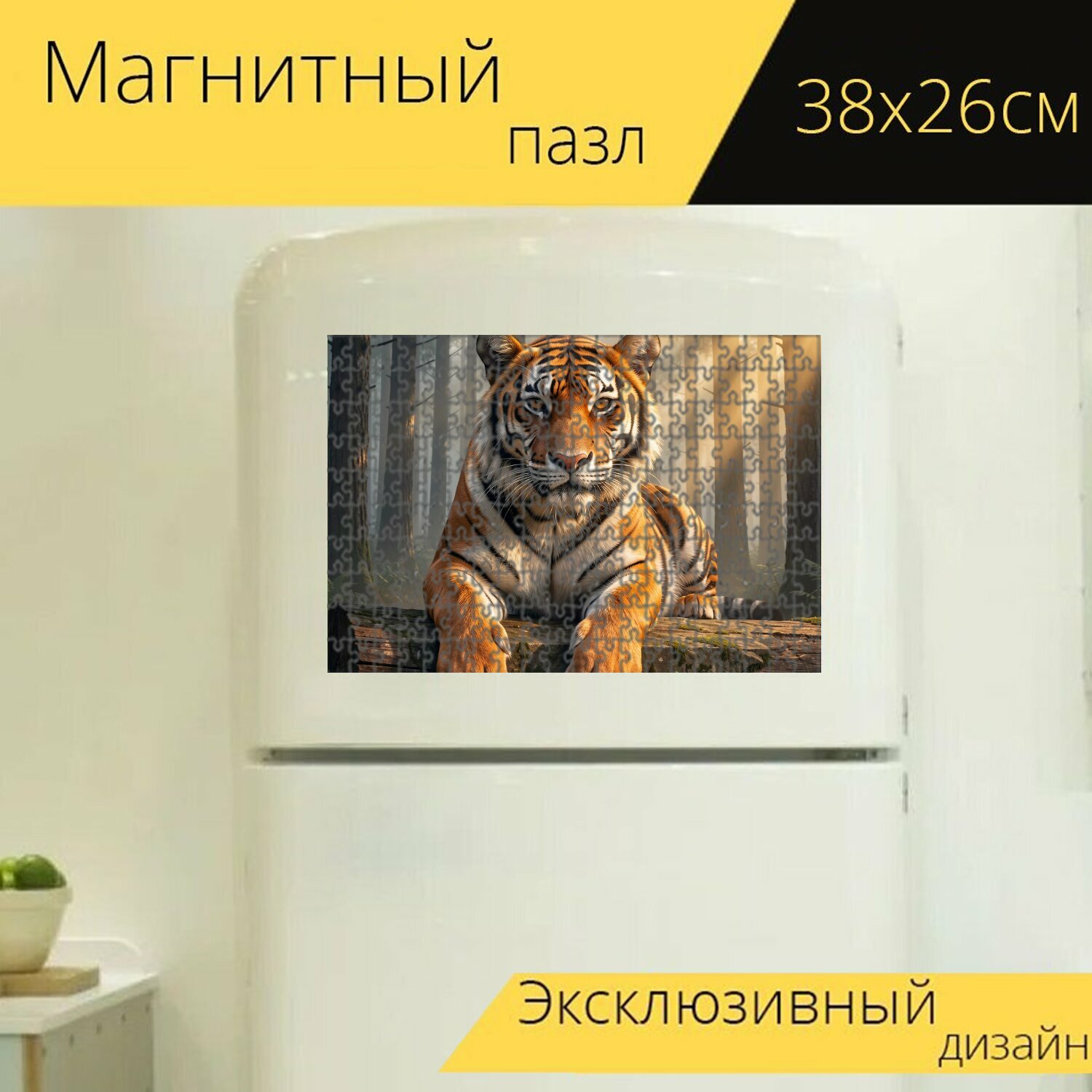 Магнитный пазл "Тигр в лесу на поваленном бревне. Реалистичный хищник крупным планом в туманной чащe, теплые солнечные лучи сквозь деревья, оранжево-чёрные." для интерьера, 38х26 см.