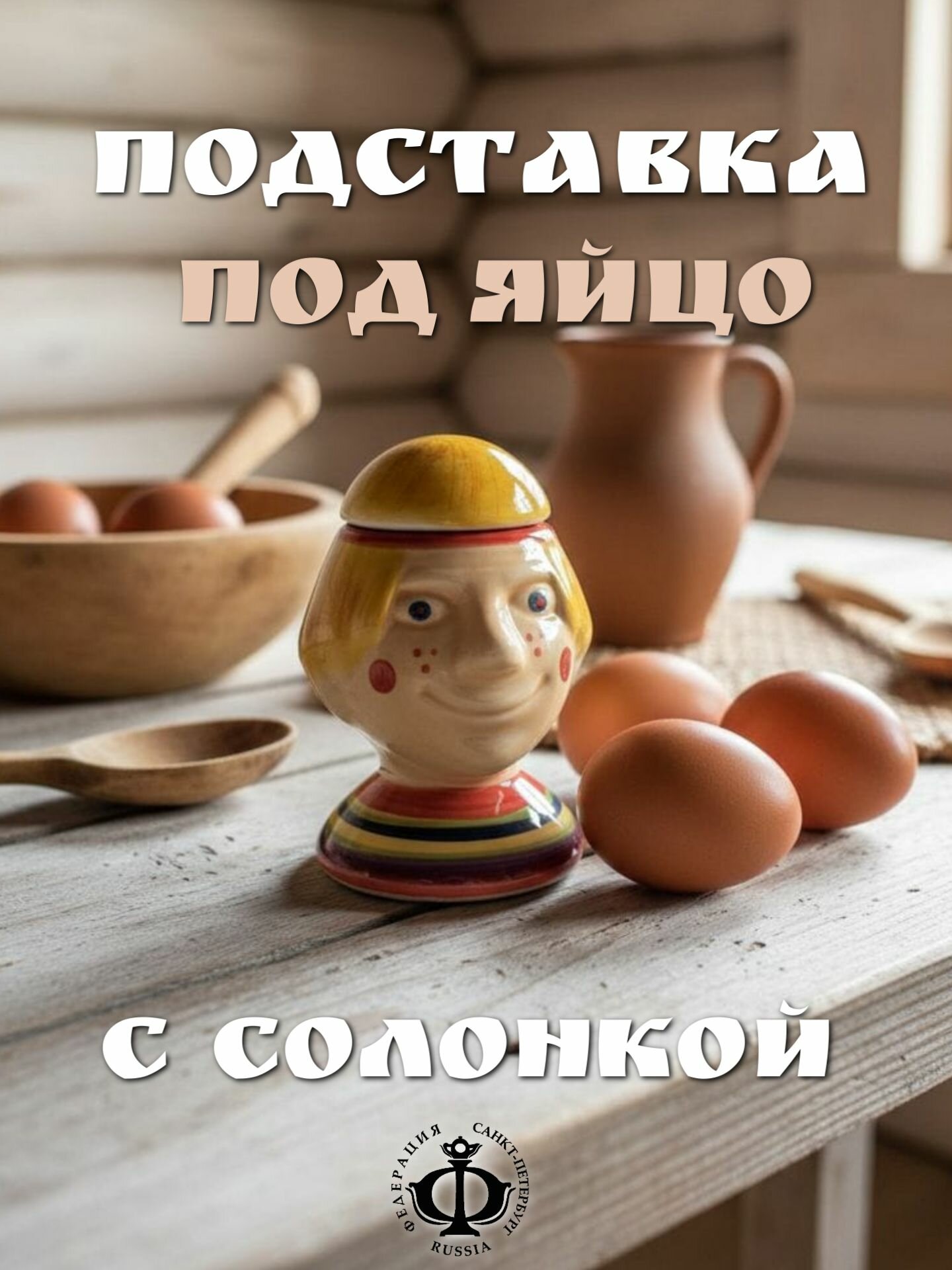 Подставка под яйцо керамическая с солонкой, русская семья, федерация