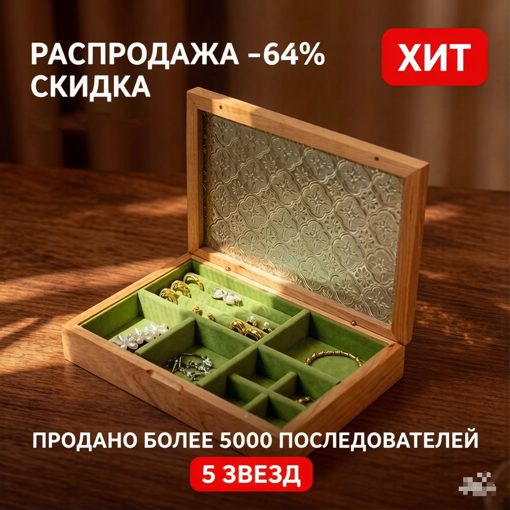 Шкатулка-сундук "Flora", дерево, зеленая, бежевая, светло-коричневая, белая