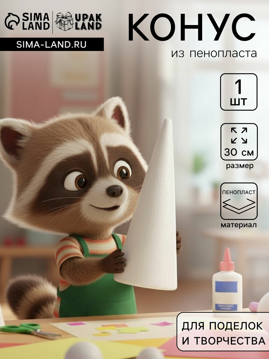 Конус из пенопласта для поделок и творчества, 1 шт, 30 см, форма: конусообразная