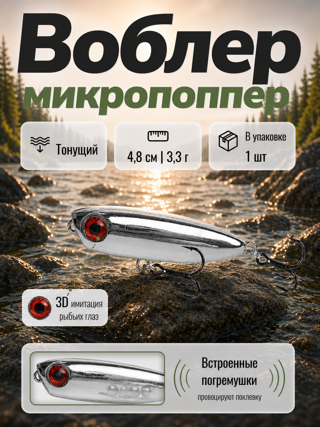Воблер микропоппер, тонущая приманка, с погремушками и тройными крючками 4,8 см/3,3 г, серебристая