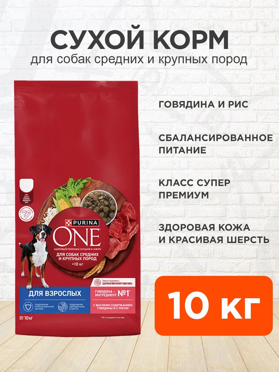 Корм сухой Purina One для взрослых собак средних и крупных пород, говядина и рис, 10 кг