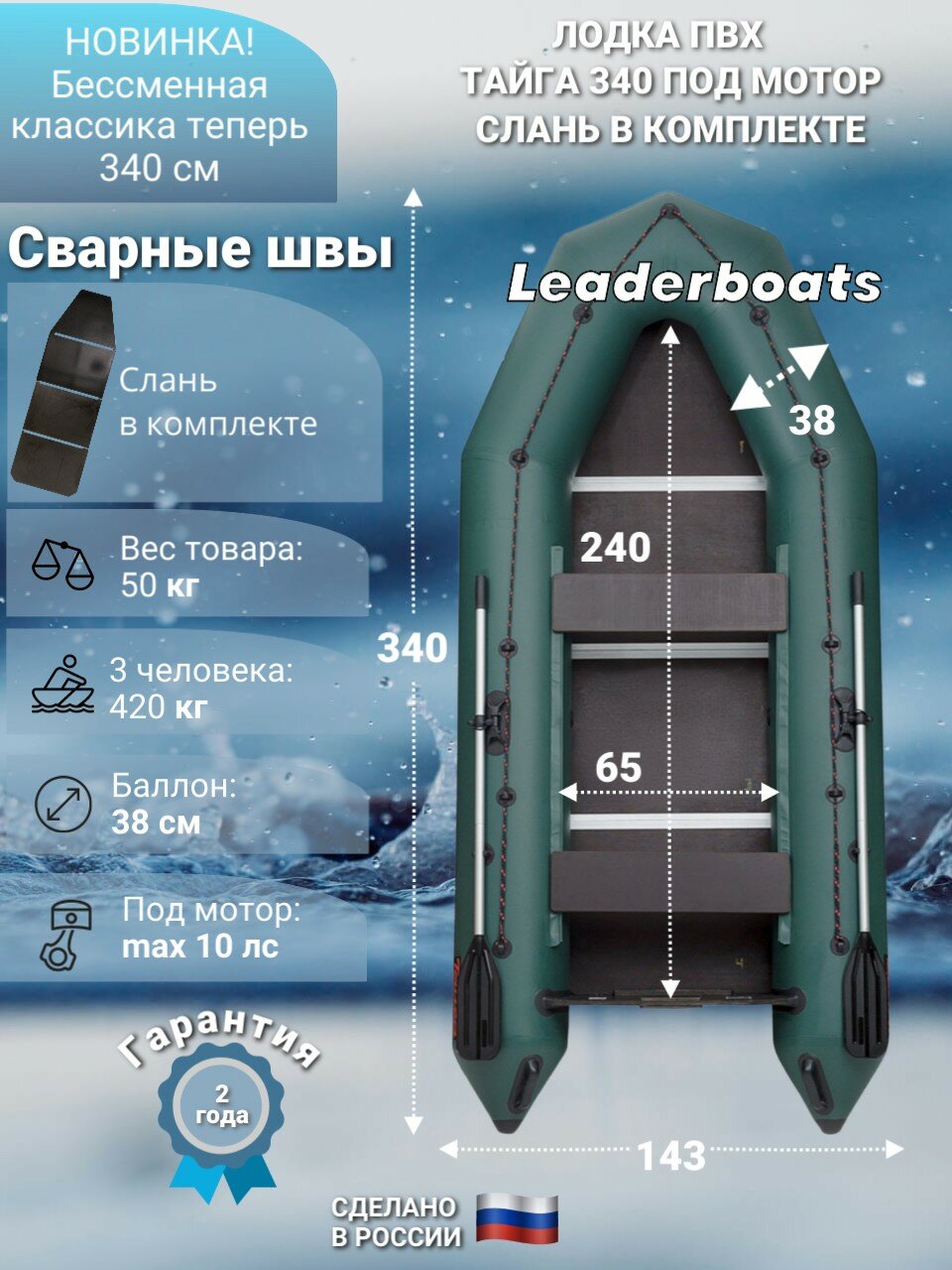 Новинка 2026! Лодка ПВХ под мотор Тайга 340 с жесткой сланью зеленая