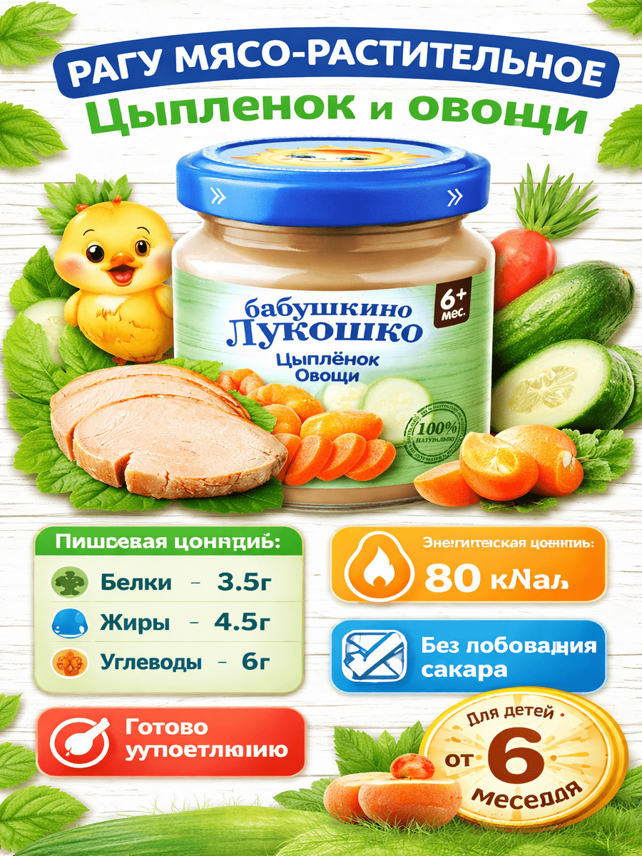 Рагу мясо-растительное детское Бабушкино Лукошко Цыпленок и овощи с 6 месяцев, 100г