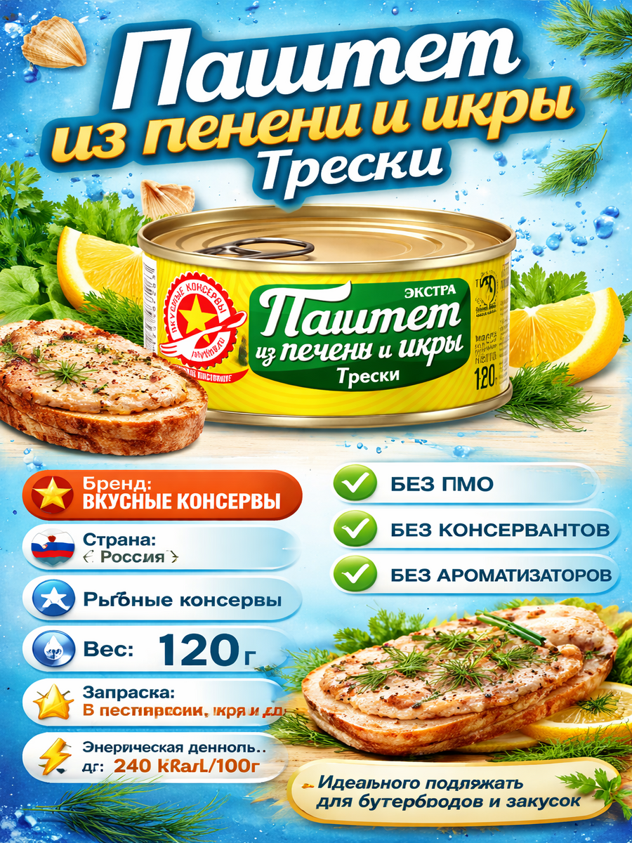 Паштет Вкусные консервы из печени и икры трески, 120г