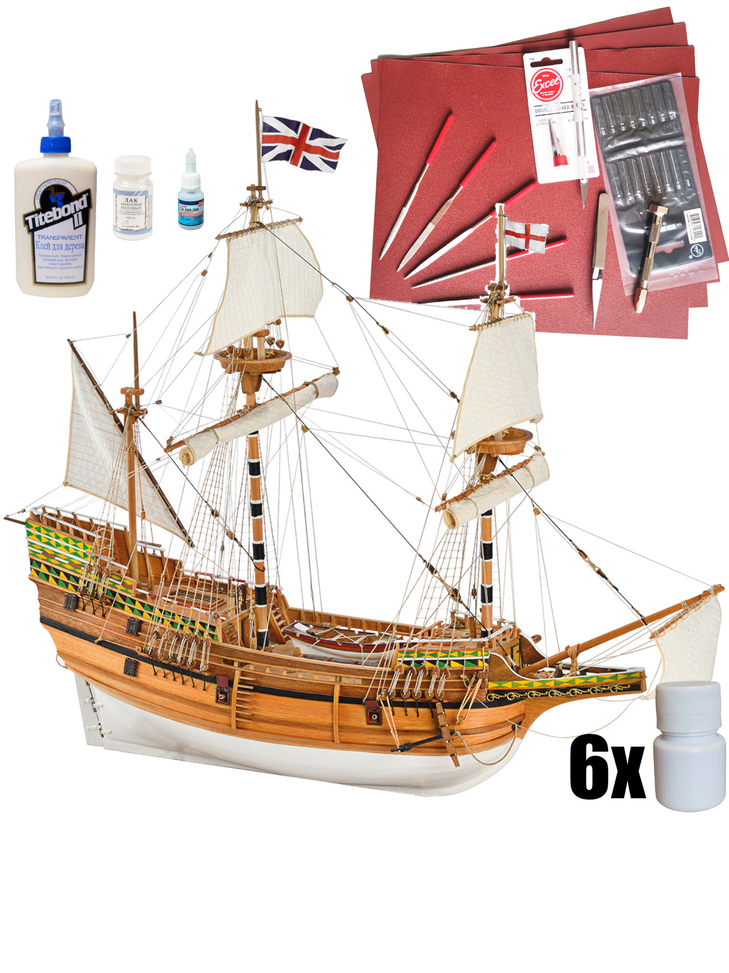 Модель галеона Amati, трёхмачтовый Mayflower, 450 часов, 1:60, подарочный набор, инструменты, краски, лак, клея