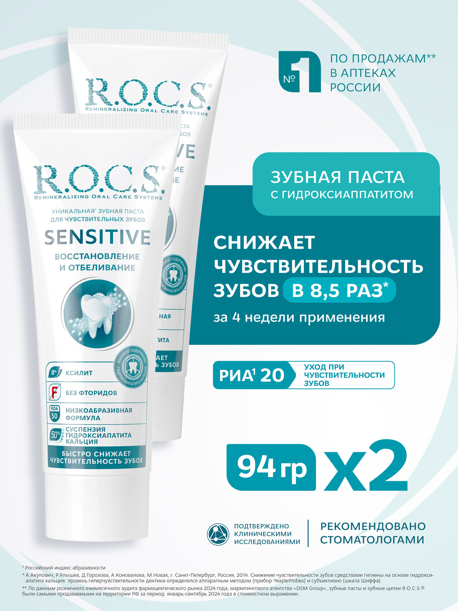 Зубная паста R.O.C.S. SENSITIVE восстановление И отбеливание 94 гр, 2 шт