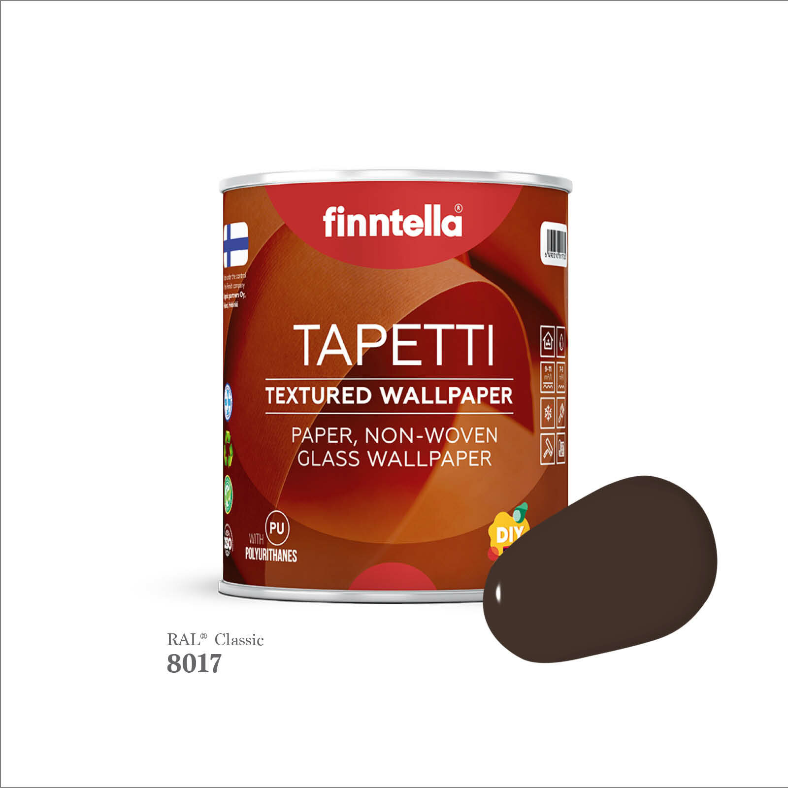 Шелковисто-матовая краска для обоев под окраску TAPETTI SILKKI Matta FINNTELLA, Цвет RAL 8017 Шоколадно-коричневый (Chocolate brown), 0,9л