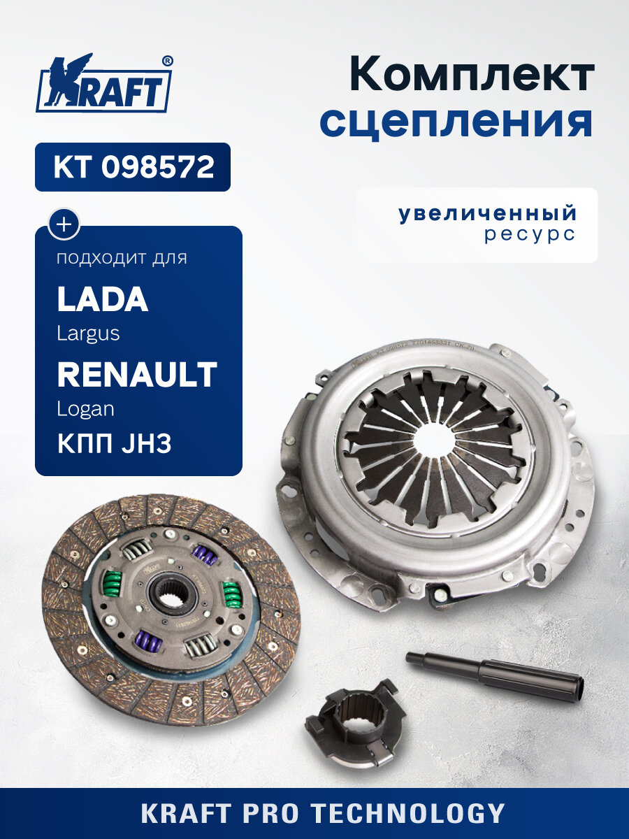 Комплект сцепления в сборе для ам Lada Largus 1.6i 8V (тросовый привод) (с 2012 г) / Renault Logan 1.4-1.6 (с 2004 г) (8кл) KRAFT KT 098572