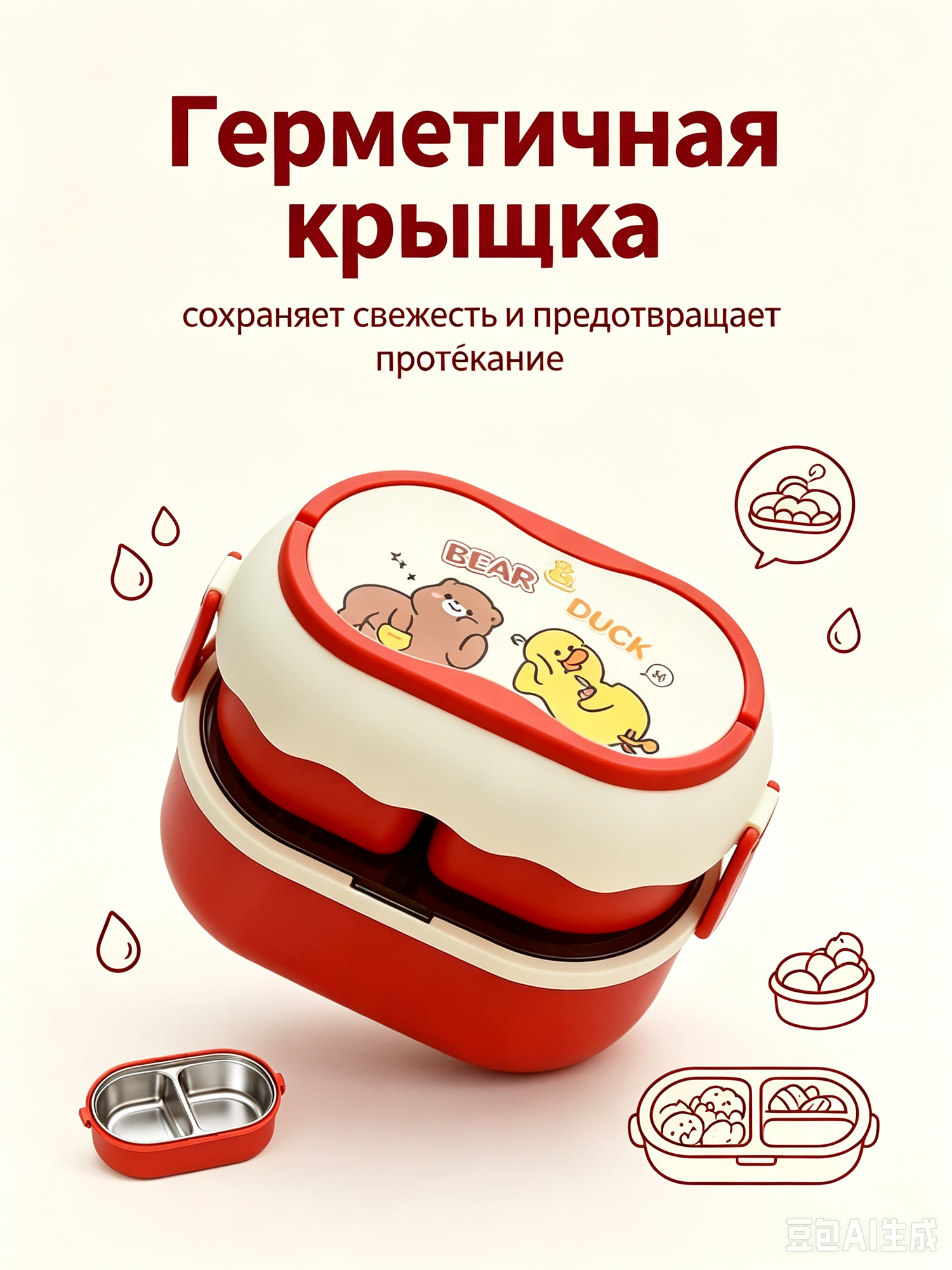 Детский ланч-бокс двухъярусный с ручкой, термоконтейнер – милый дизайн, подходит для школы и поездок