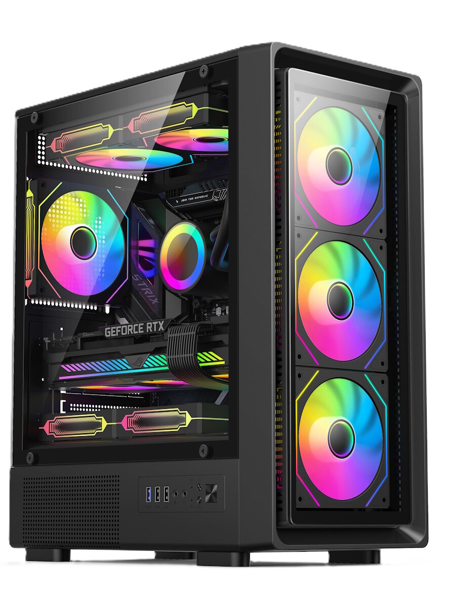 Корпус компьютерный ВomBox 19-01 ARGB/ATX, без БП, 4*ARGB FAN, 1*USB3.0+2*USB2.0, закалённое стекло