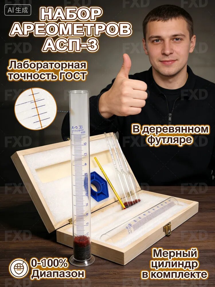 Спиртометр АСП-3 ГОСТ профессиональный набор 0-100%. Ареометры для контроля спирта с термометром и стеклянным цилиндром в деревянной коробке