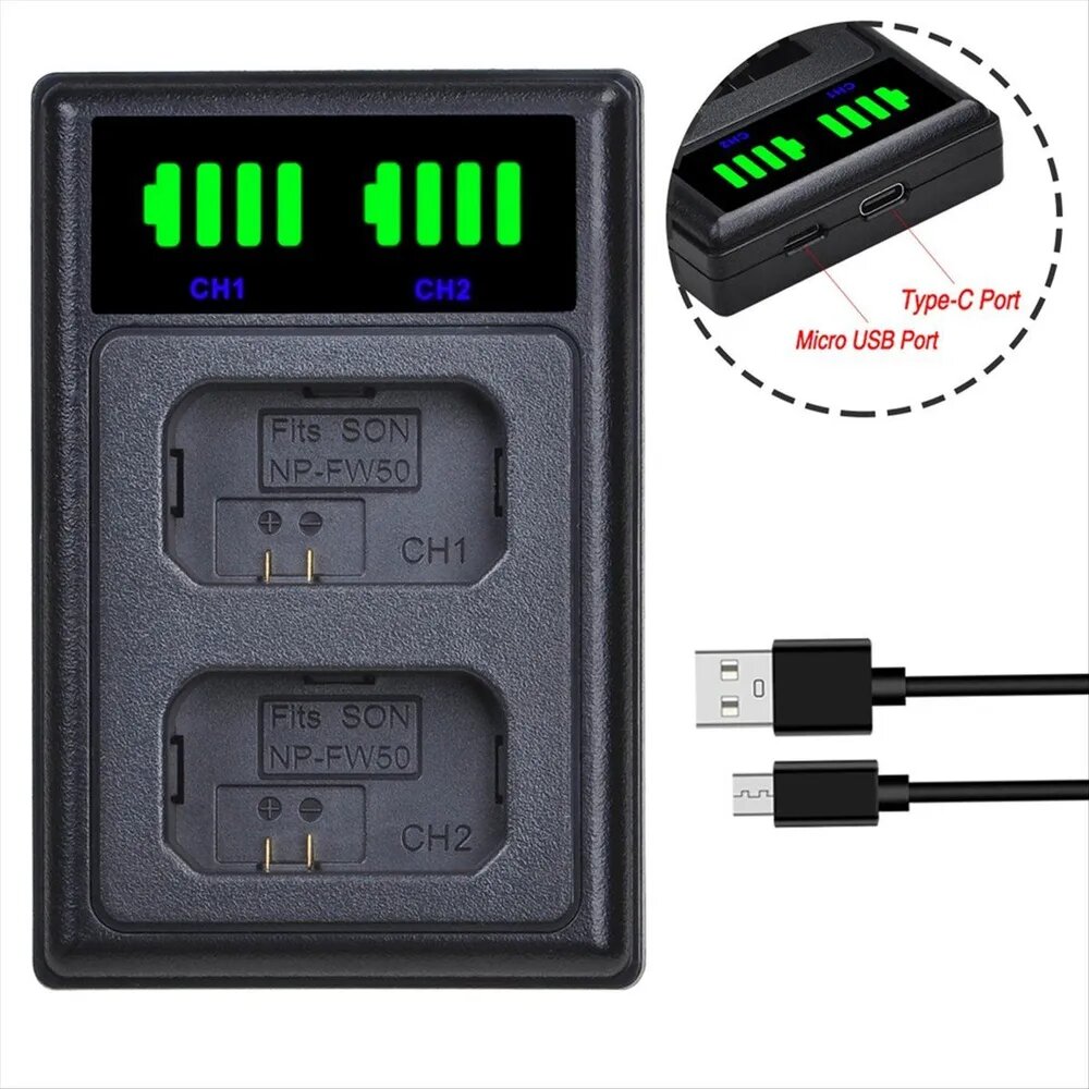 Зарядное устройство NP-FW50 USB для двух аккумуляторов Sony A6000 A6400 A6300 (черное)