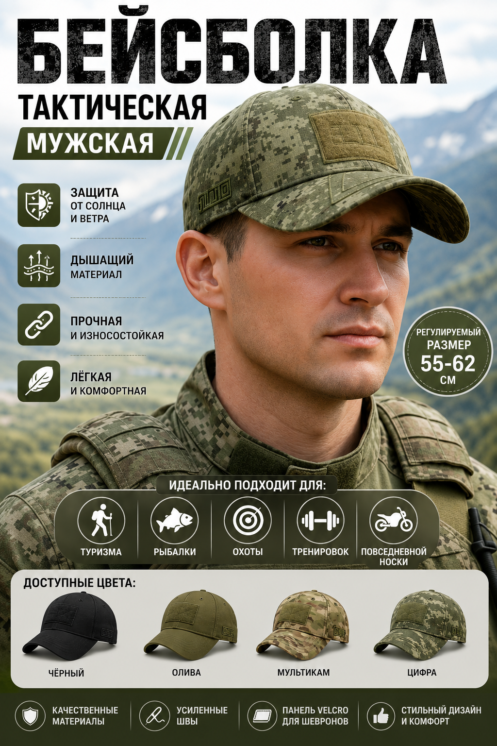 Тактическая мужская кепка Цифра, камуфляжная, летняя, из нейлона и рипстопа