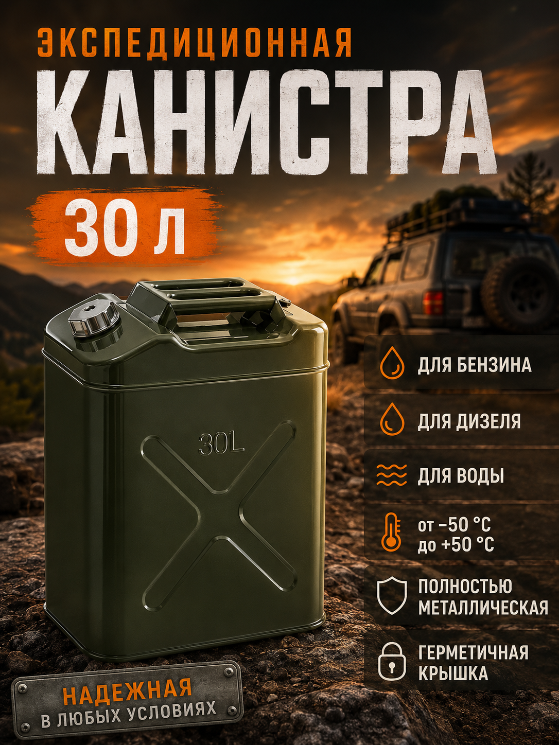 Металлическая канистра Rekidel 30л для бензина, дизеля и горюче‑смазочных материалов