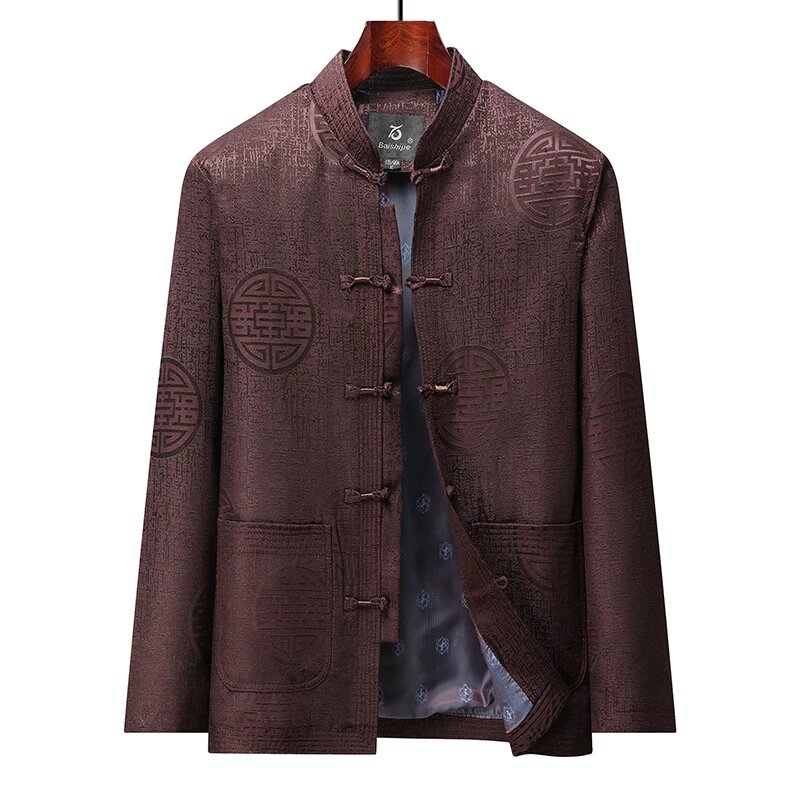 Мужской комплект в китайском стиле из полиэстера 195-4XL 85-95kg, Coffee blouse