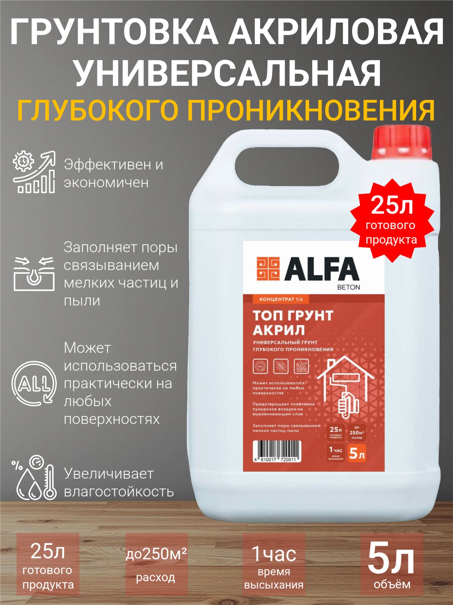 Грунтовка универсальная / Топ грунт акрил ALFABET 5л концентрат (1:4)