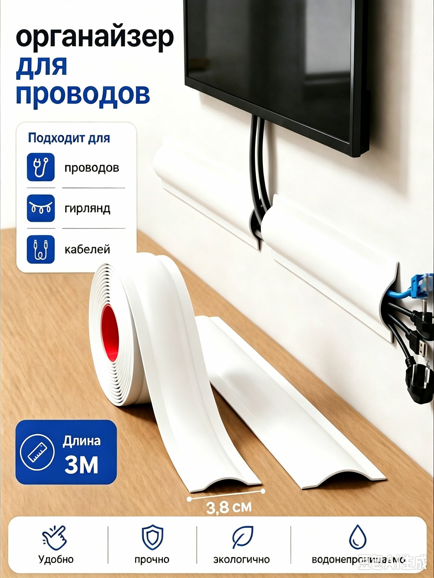 Кабель-канал самоклеющийся 3.8 см x3 м, для проводов под столом и на стену