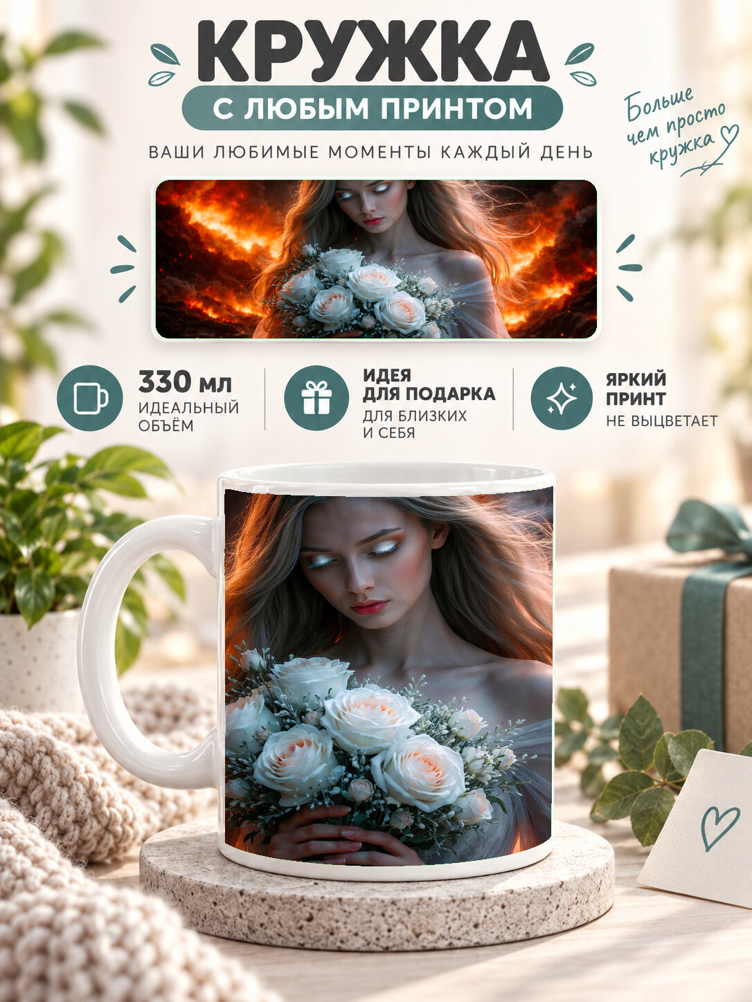 Керамическая кружка MoodRoom 330 мл с глянцевой поверхностью, белая с принтом fantasy bride with white rose, MUG3302516