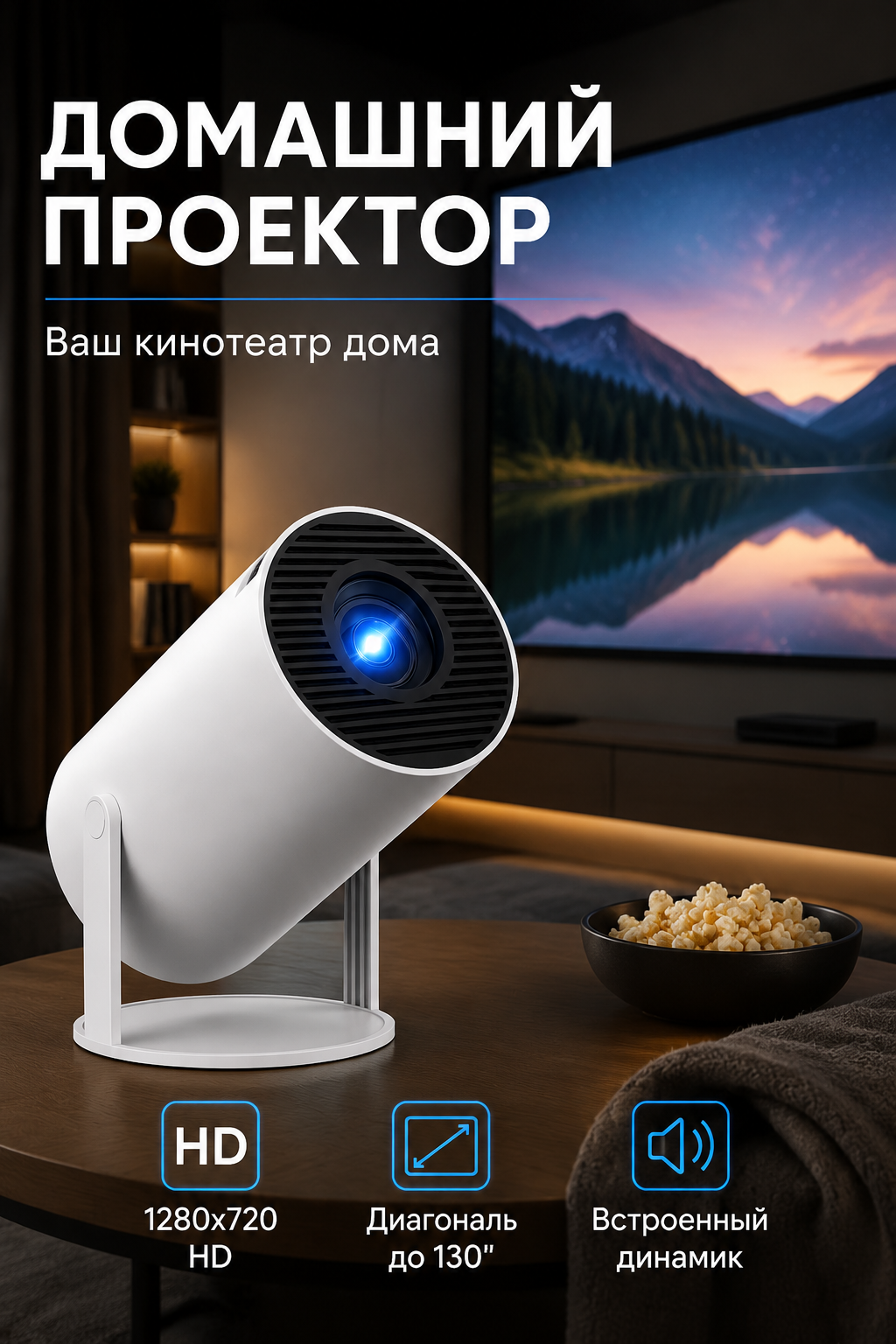 Домашний проектор 1280x720 HD с Wi Fi и встроенным динамиком, диагональ проекции до 130 дюймов