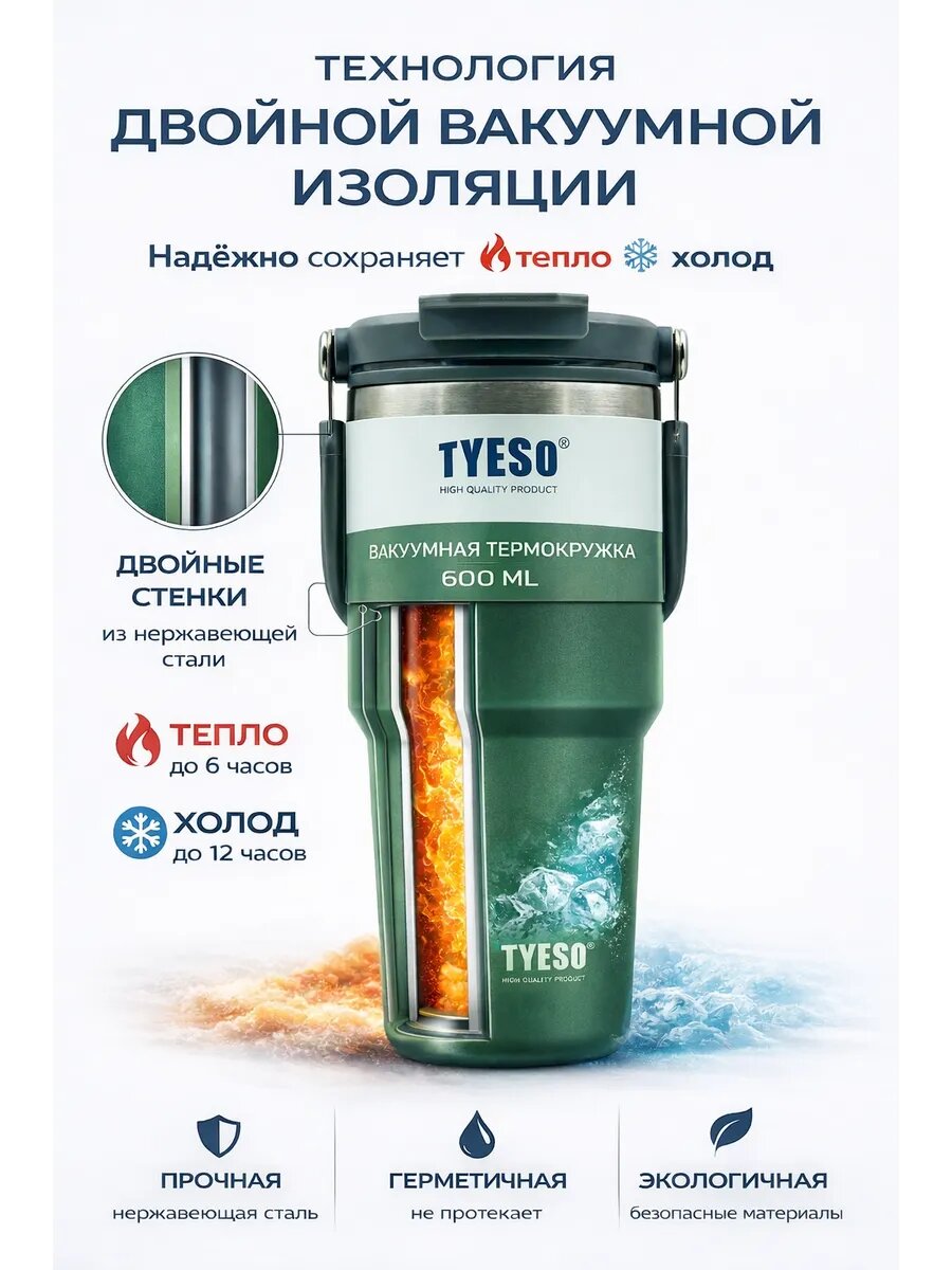 Термокружка TYESO 600 мл из нержавеющей стали, с трубочкой, поильником и ручкой, зелёная