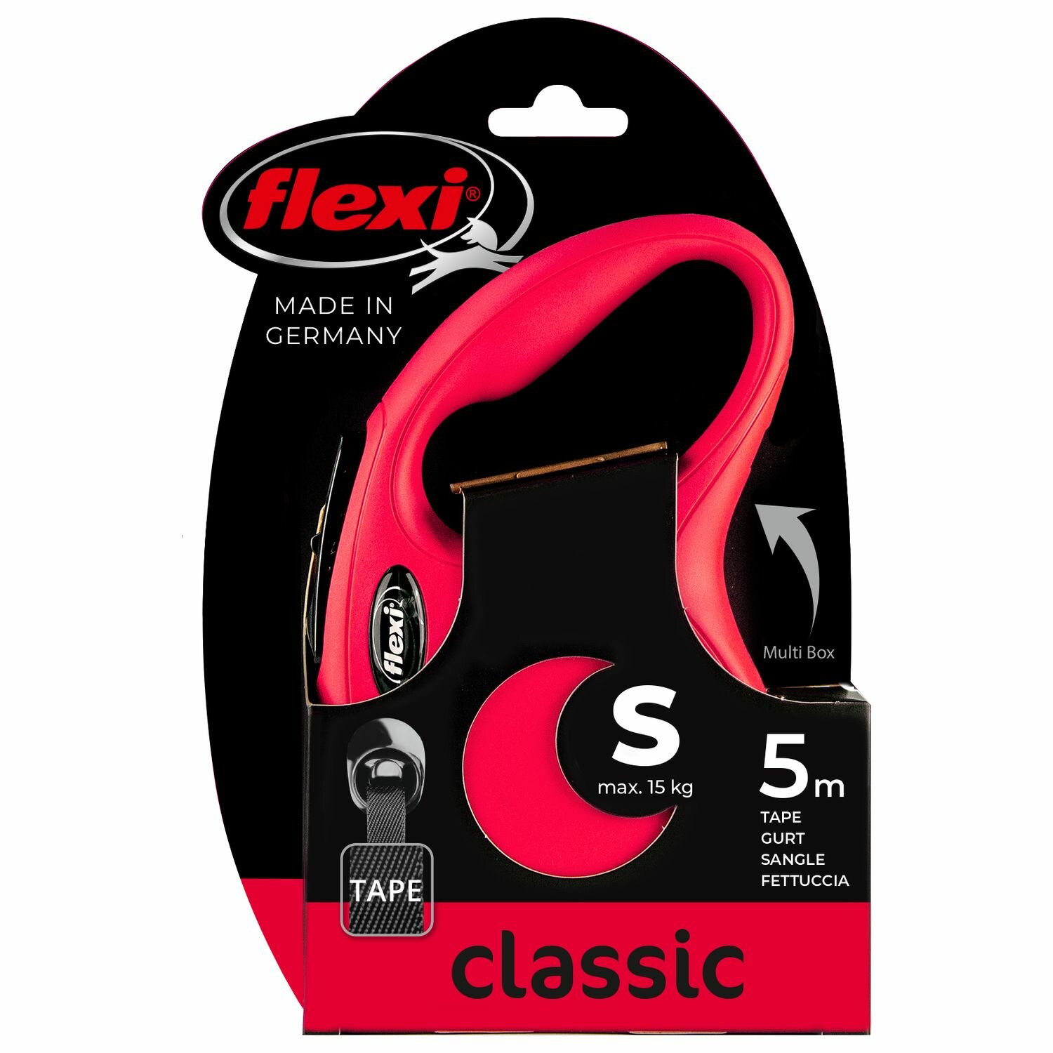 Поводок-рулетка flexi New Classic S. Лента 5 м. для собак до 15 кг. Красный