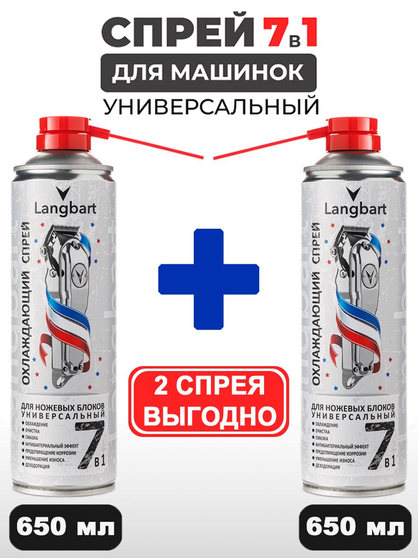 Охлаждающий спрей для ножевых блоков Langbart 7 в 1 (650 мл) Х 2 шт. - универсальное средство для обслуживания ножей машинок для стрижки волос и триммеров. Лангбарт blade ice