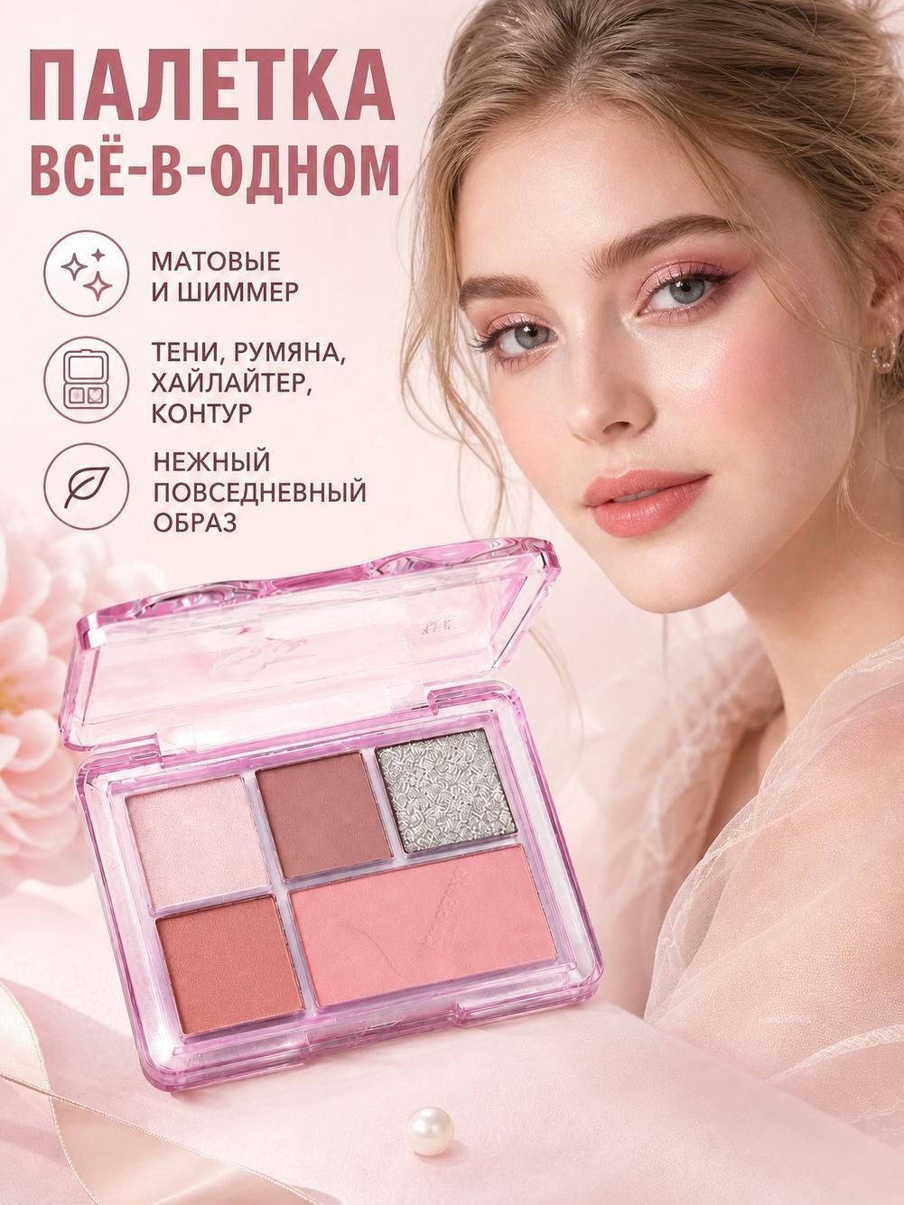 Палетка теней 5 оттенков с шиммером и матом, хайлайтер, румяна, контур для макияжа глаз и лица