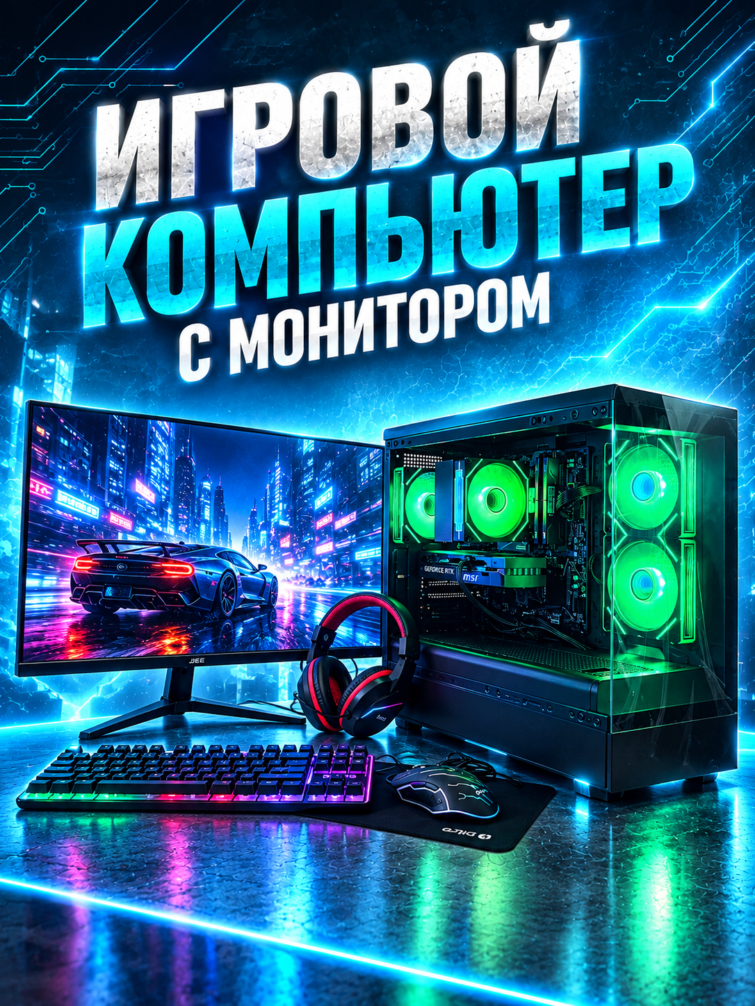 Мощный игровой компьютер с монитором 27 и набором. Ryzen 5 5600X, 32 Gb, RTX 5060, SSD M.2 1000 Gb