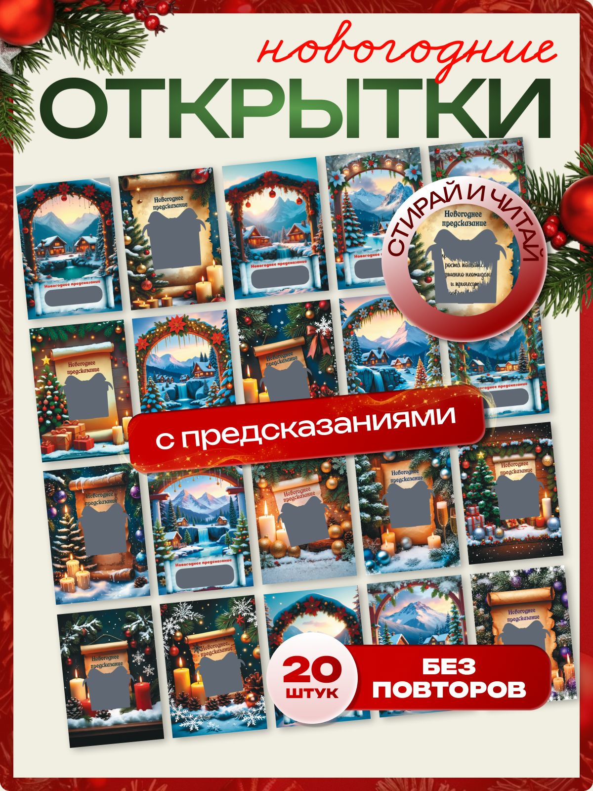 Новогодние открытки с предсказанием , набор открыток на Новый год 2026, новогодний подарок со скретч слоем