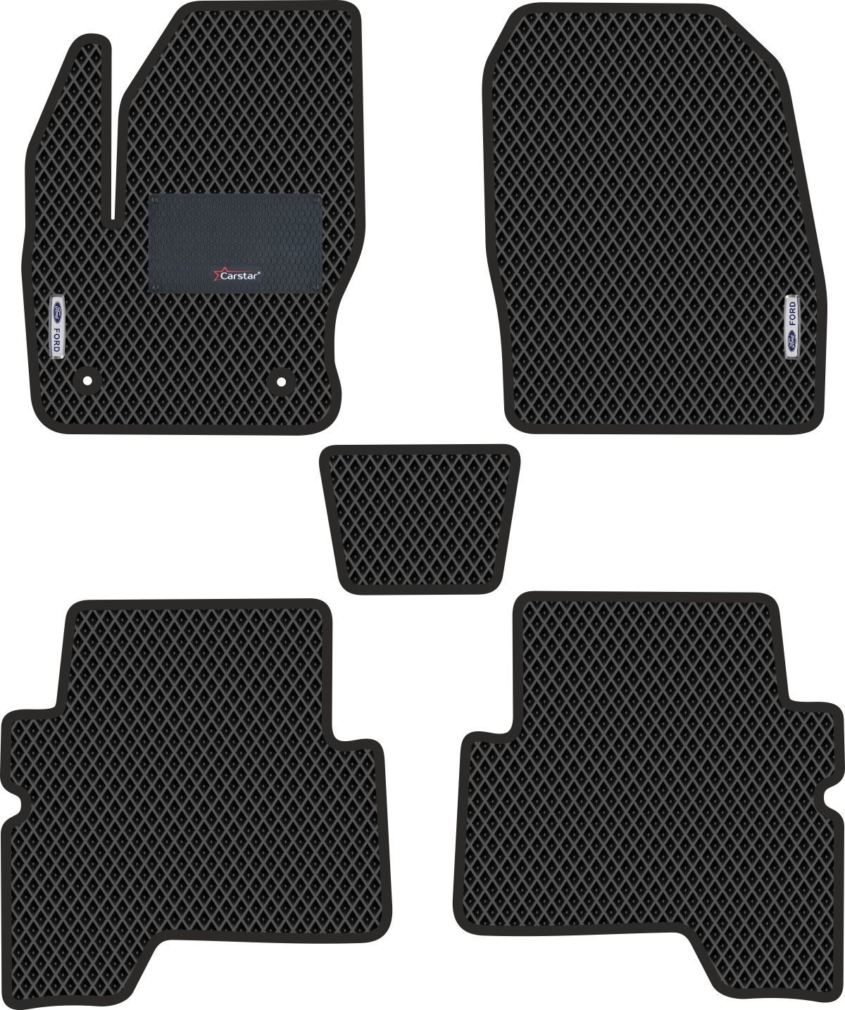 Автомобильные коврики EVA для Ford Kuga II дорестайл (2012-2016), с каучуковым подпятником и 2 эмблемами Ford, чёрные с чёрным кантом, ячейка - ромб