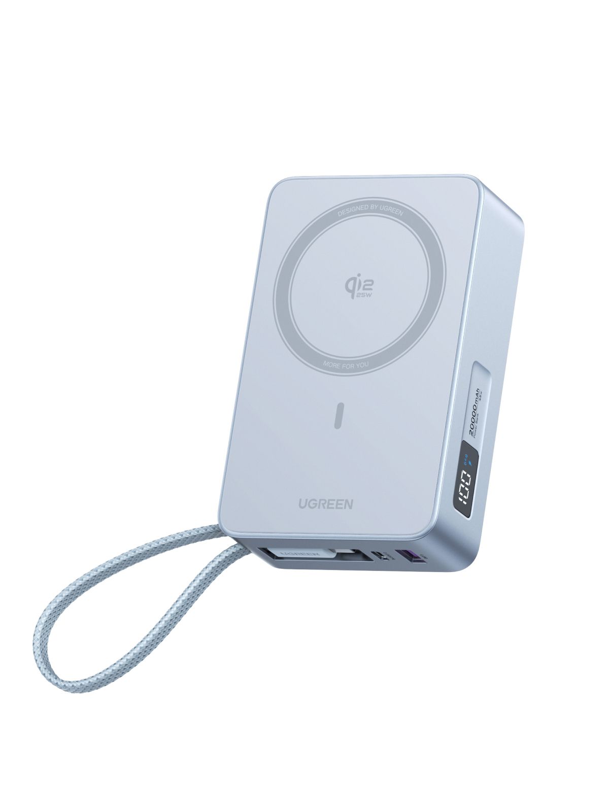 Внешний аккумулятор UGREEN PB775 (65959) MagFlow 45W Magnetic Wireless Qi2.2 20000mAh с USB-C кабелем. Цвет: серебристо-голубой