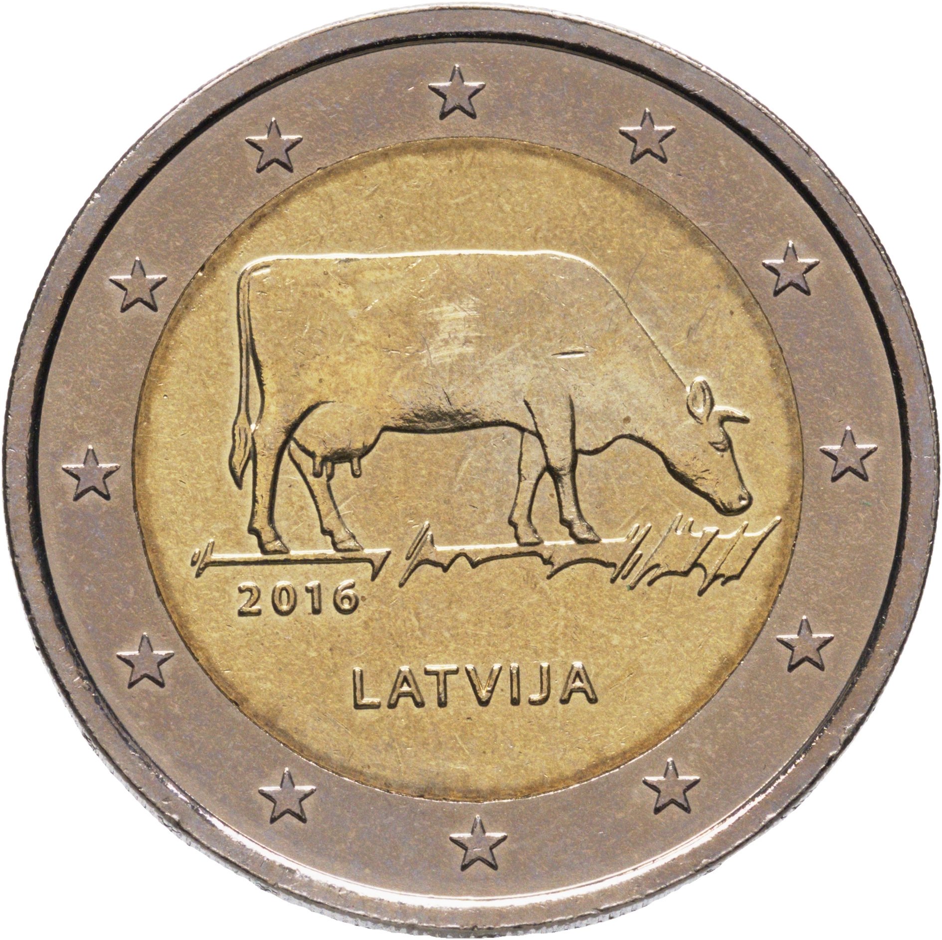 Латвия 2 евро 2016 "Корова", Биметалл, в сохранности UNC
