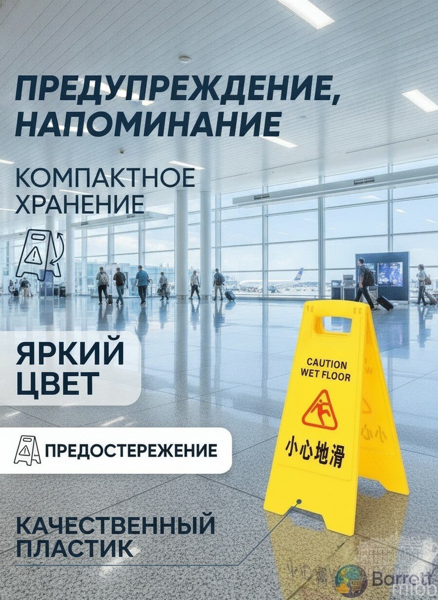 Предупредительный знак "Осторожно! Скользкий пол!" пластиковый, 62х30сантиметров, Желтый цвет, Материал ABS