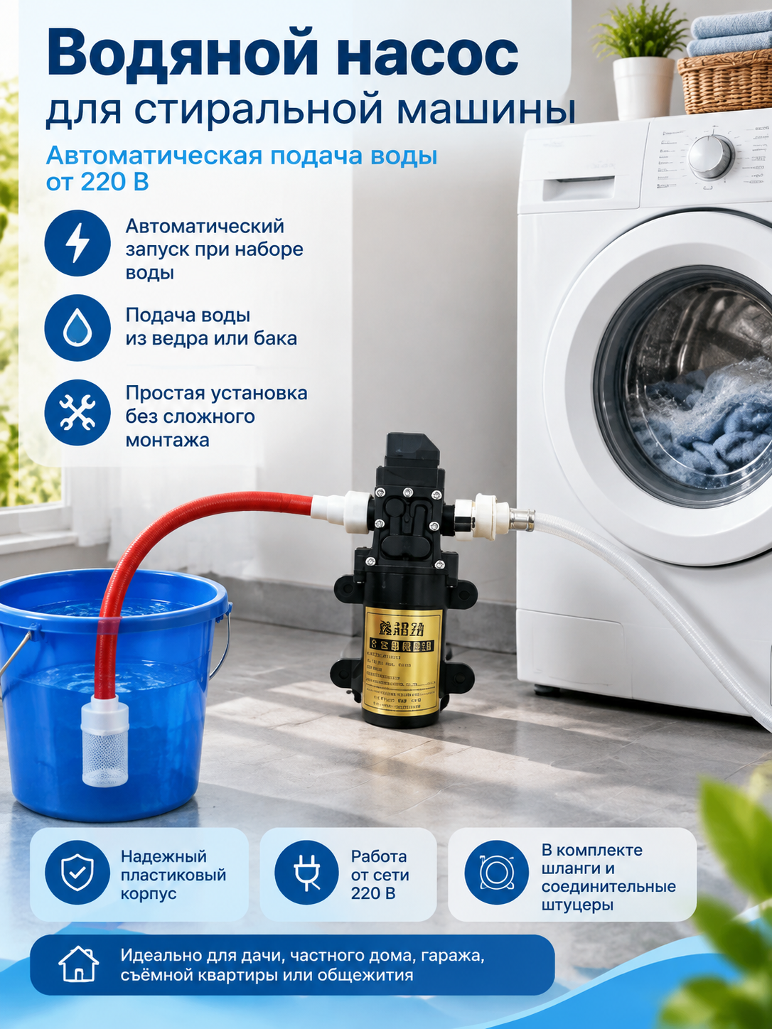 Водяной насос для стиральной машины, автоматическая подача воды от 220 В, портативный, черный