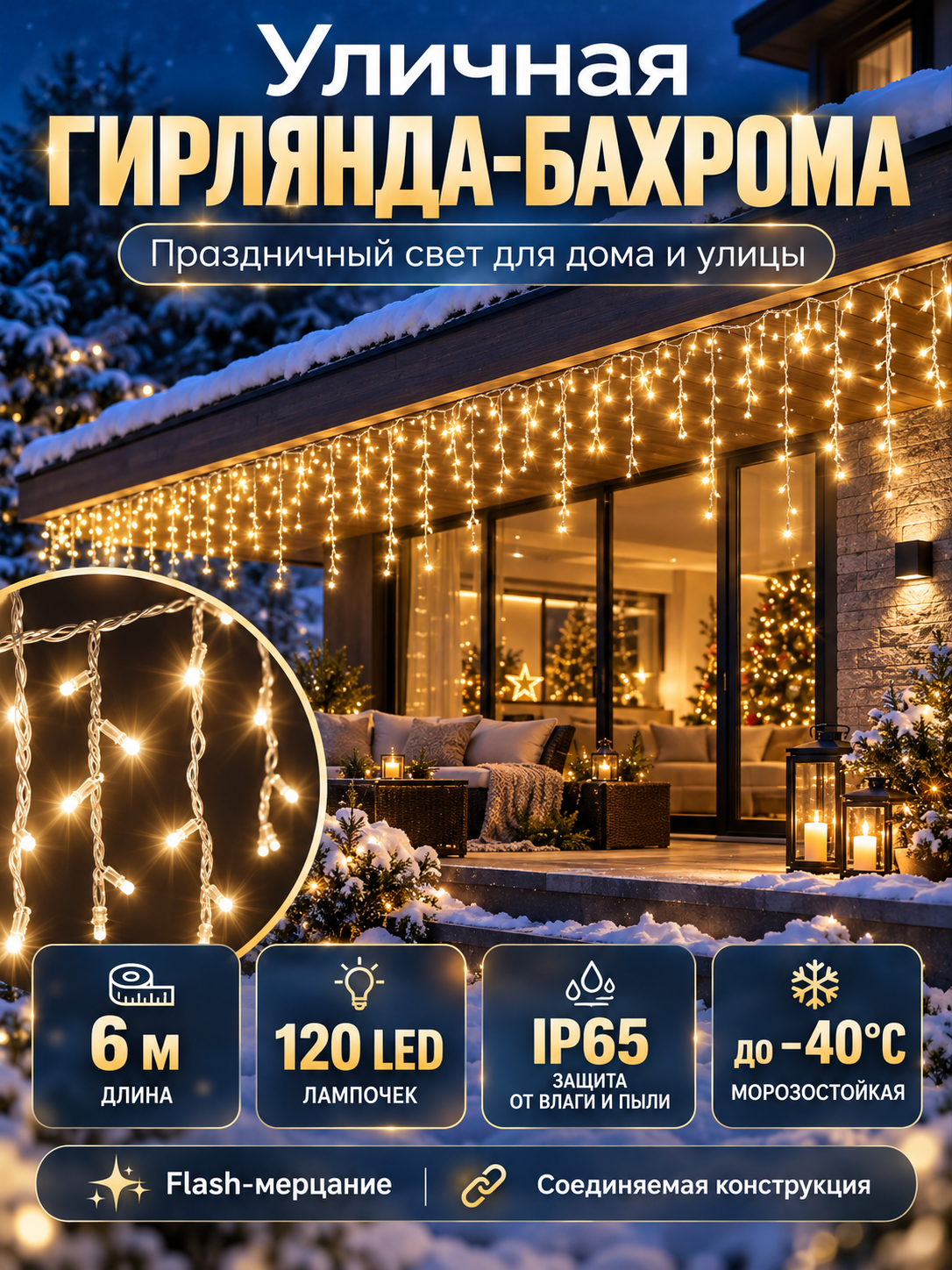 Электрогирлянда уличная бахрома Homemade, 6 м, 120 ламп, IP65, белый свет, соединяемая с контроллером