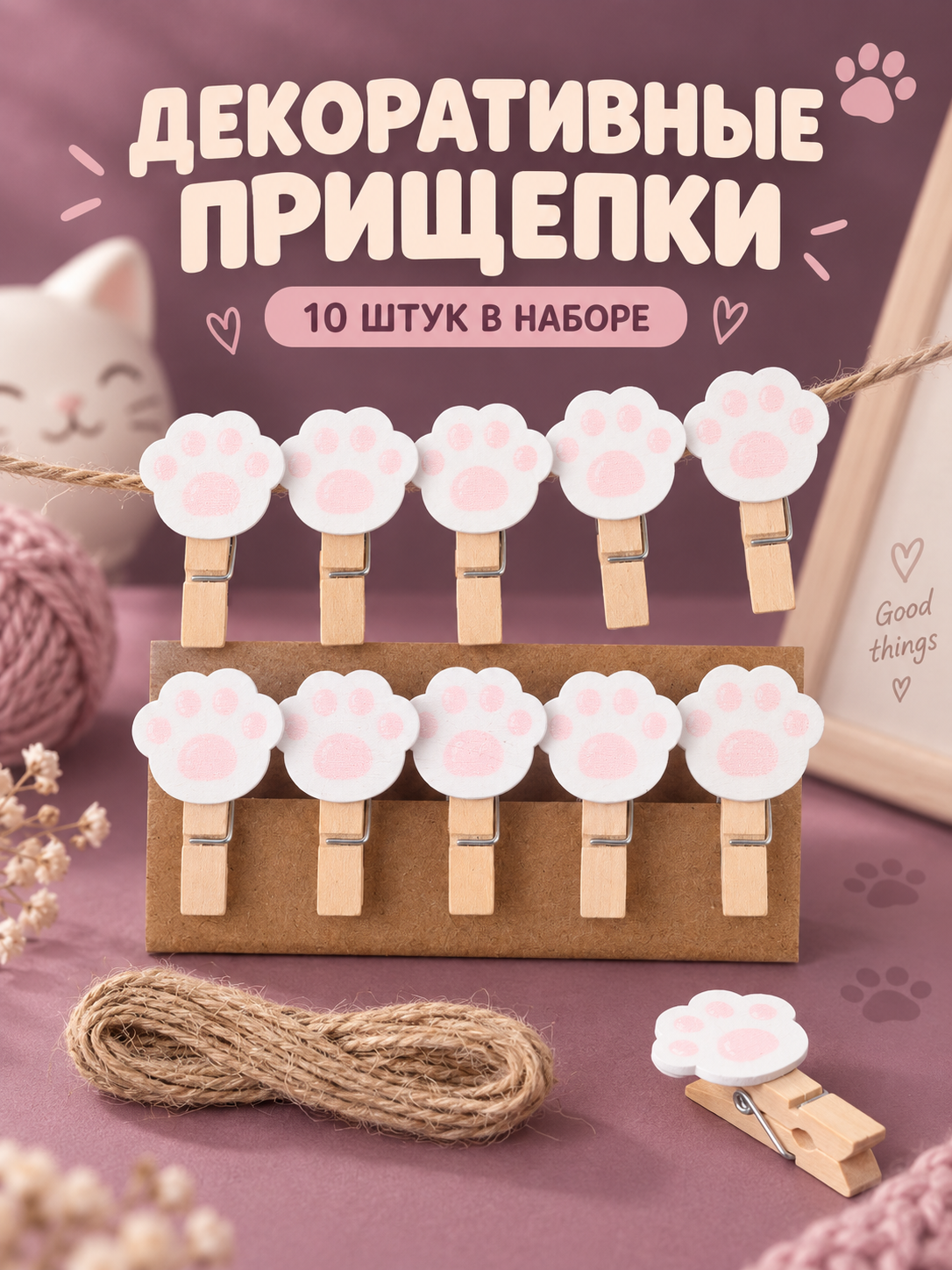 Набор декоративных прищепок "Розовые лапки" набор 10 штук, для творчества