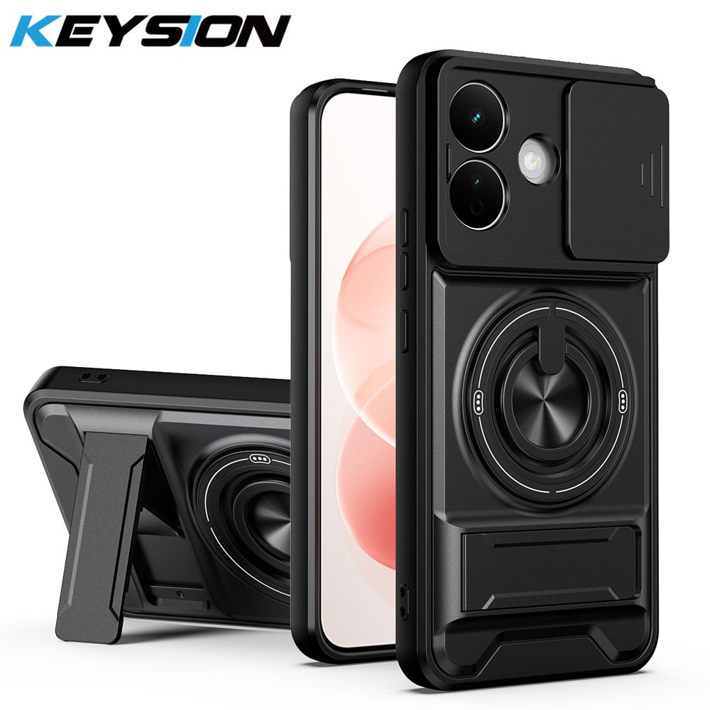 Магнитный чехол KEYSION для Redmi Note 17 Pro 5G / 17 5G: сдвижная шторка для защиты камеры, встроенная подставка, кольцо-держатель (вращение на 360 градусов ), ударопрочный корпус.