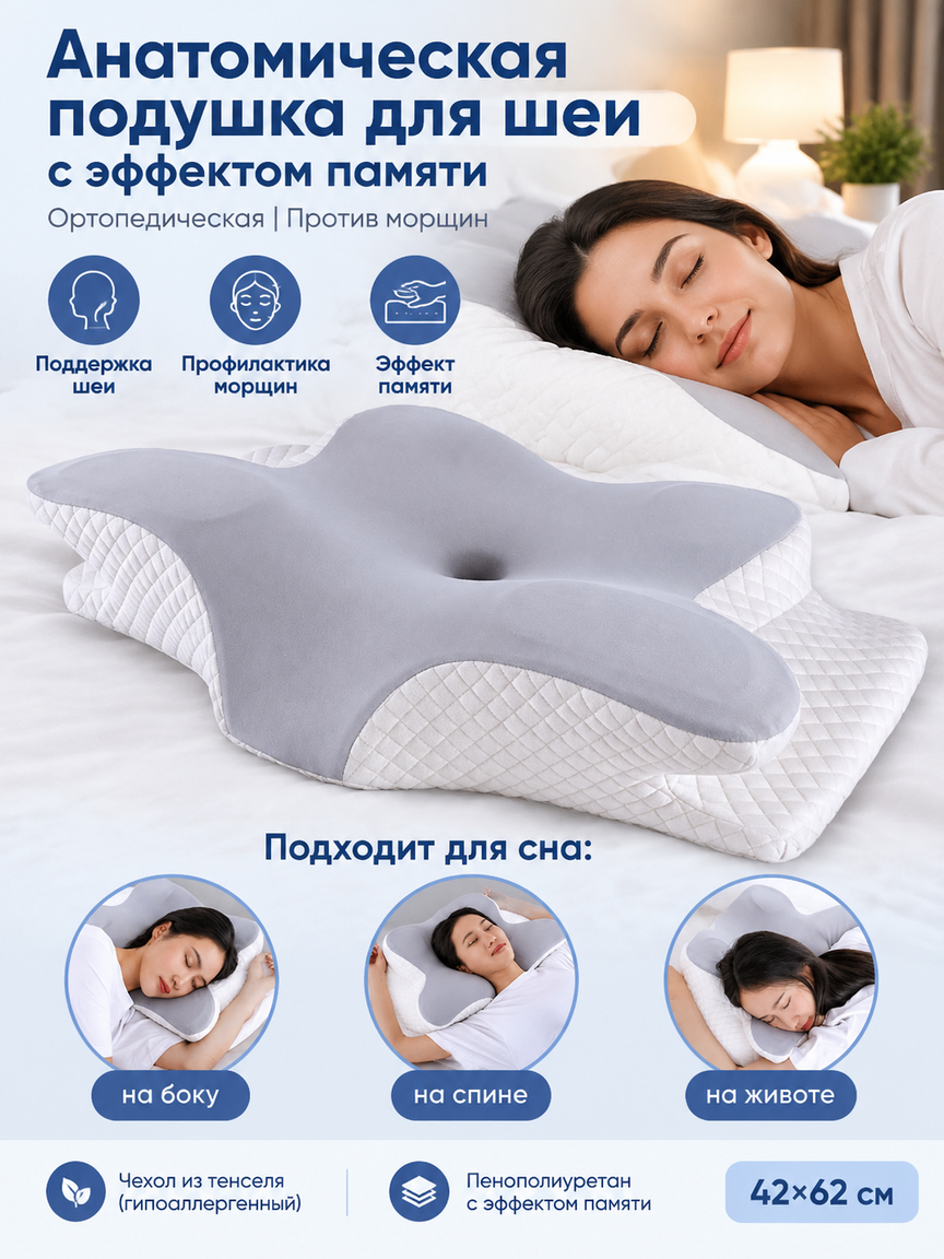 Анатомическая подушка для шеи с эффектом памяти, ортопедическая, против морщин, 42х62 см