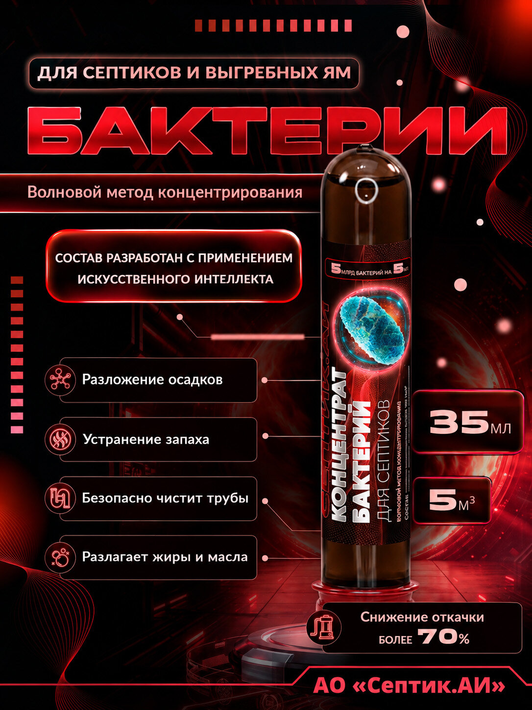 Бактерии для септиков и выгребных ям Септик. АИ, 35мл Красные