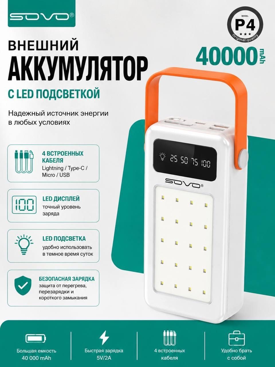 Внешний аккумулятор SOVO X08 30000 мАч с встроенными кабелями, LED-дисплеем, Power Bank 30000 mAh, Type-C / Lightning / Micro USB / USB-A, белый