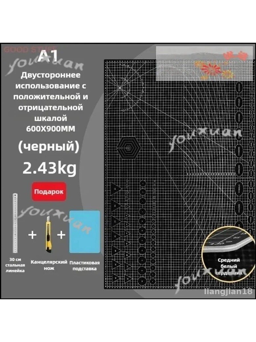 Коврик для резки, Цвет черный, Размеры, мм 600*900, Формат A1