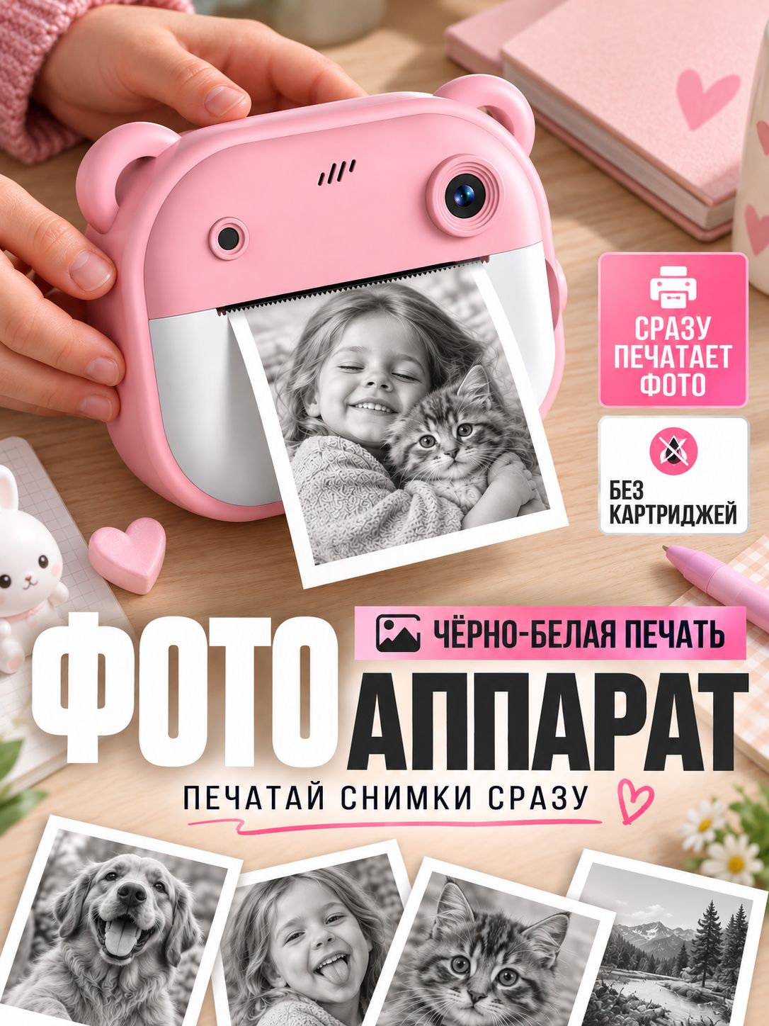 Фотоаппарат детский мгновенной печати черно-белой